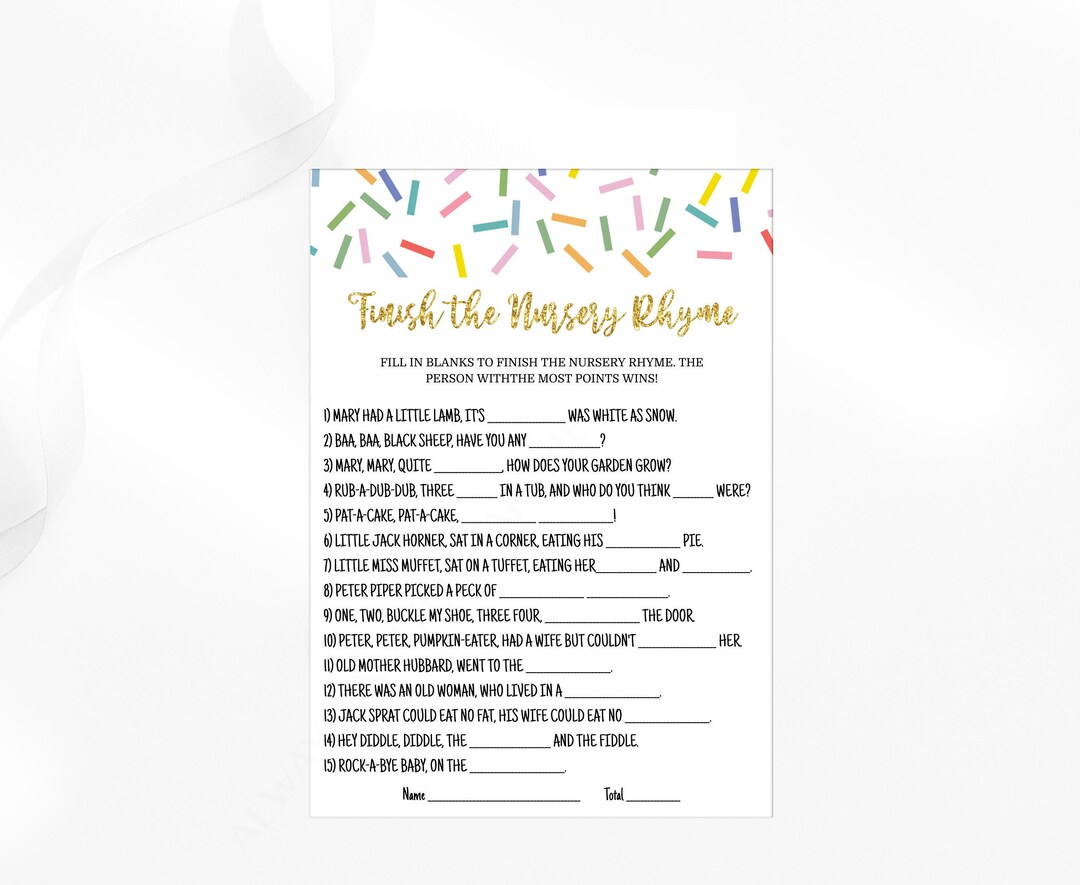 Finish the Nursery Rhyme, Nursery Rhyme Baby Shower Game, Instant ...