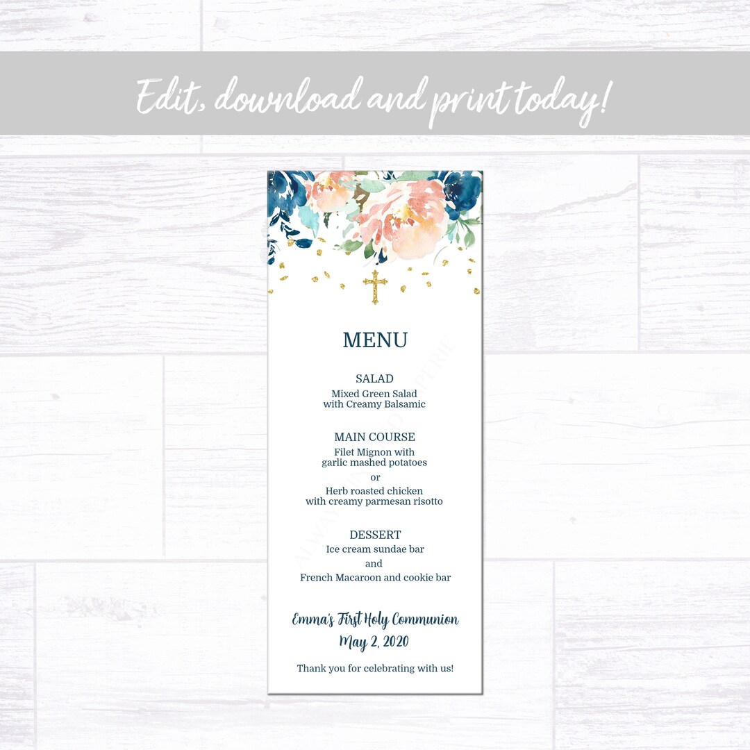 First Holy Communion Menu, Pink and Blue 1st Communion Menu, Instant ...
