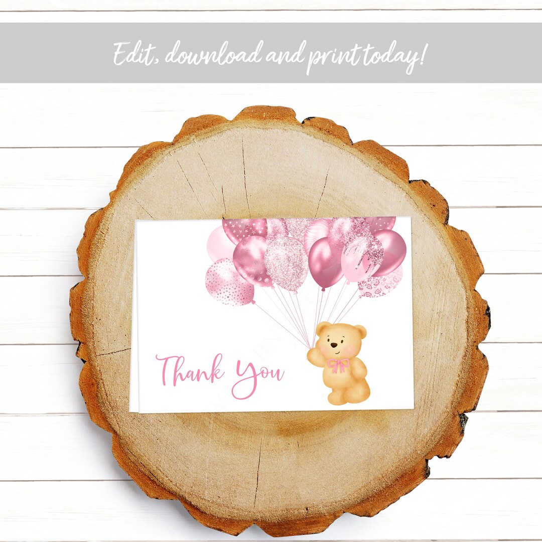 Teddy Bear Thank You Card, Pink Thank You Printable Folded Thank You ...
