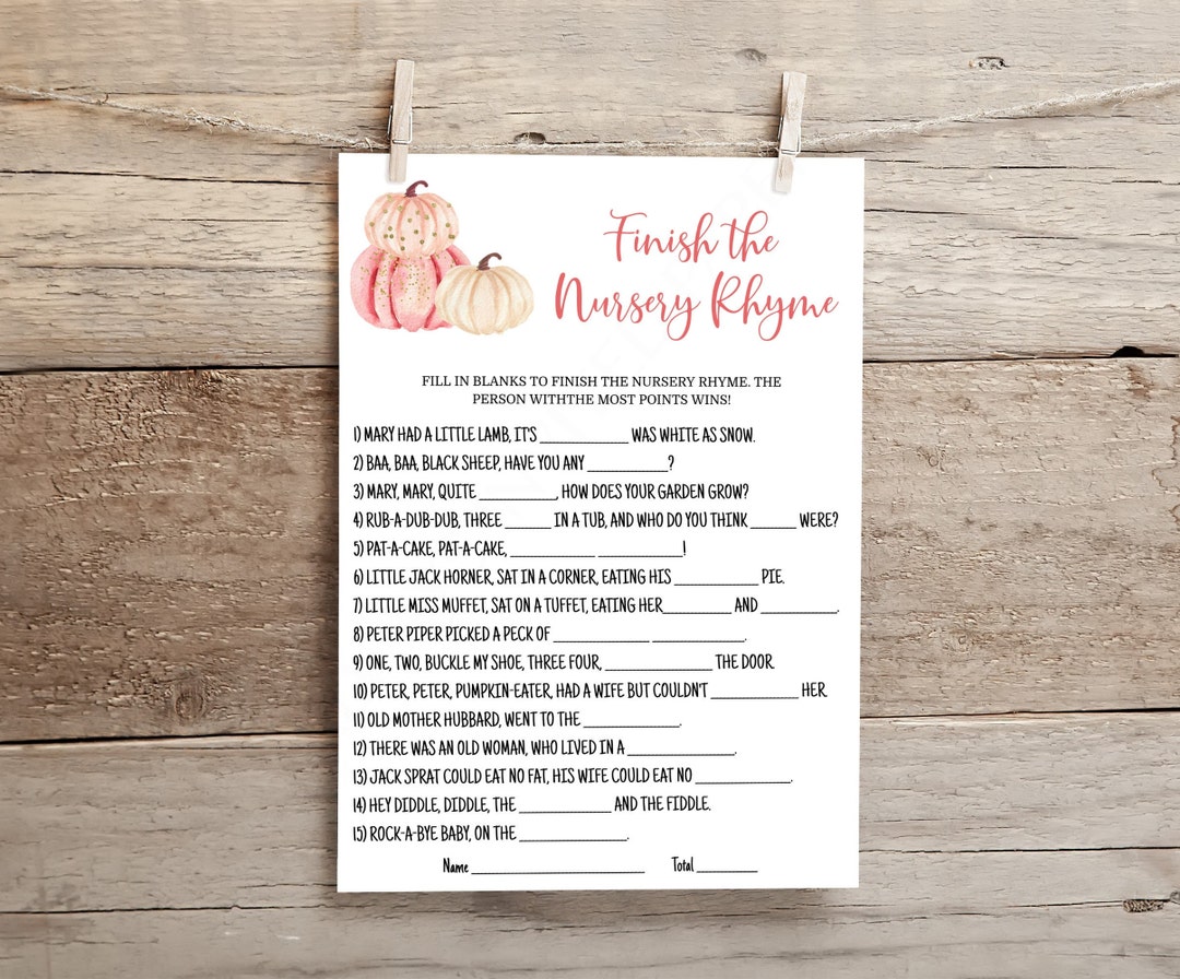 Nursery Rhyme Baby Shower Game, Pink Pumpkin Finish the Nursery Rhyme ...