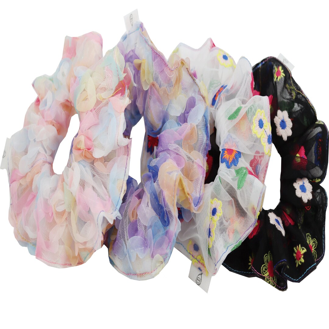 Flower Lace Scrunchies, Flower Embroidery Scrunchy, Lace Scrunchies ...