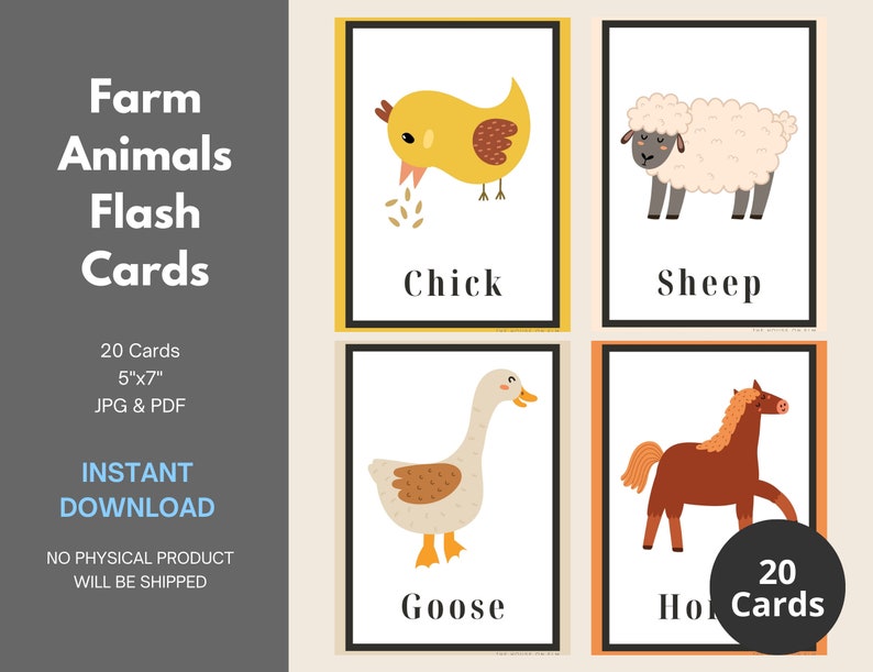 Farm Friends Flashcards for Kids - 20 Printable 5x7 Cards for Ages 4-6 ...