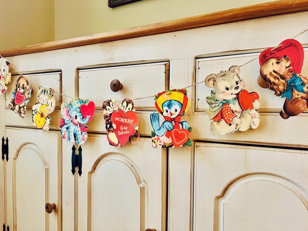 Vintage Valentines Day Banner Retro Valentines Decor Garland Kitsch Die ...