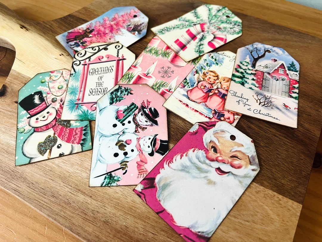 Kitsch Pink Christmas Gift Tags, Retro Snowman & Santa (set of 9) - Etsy