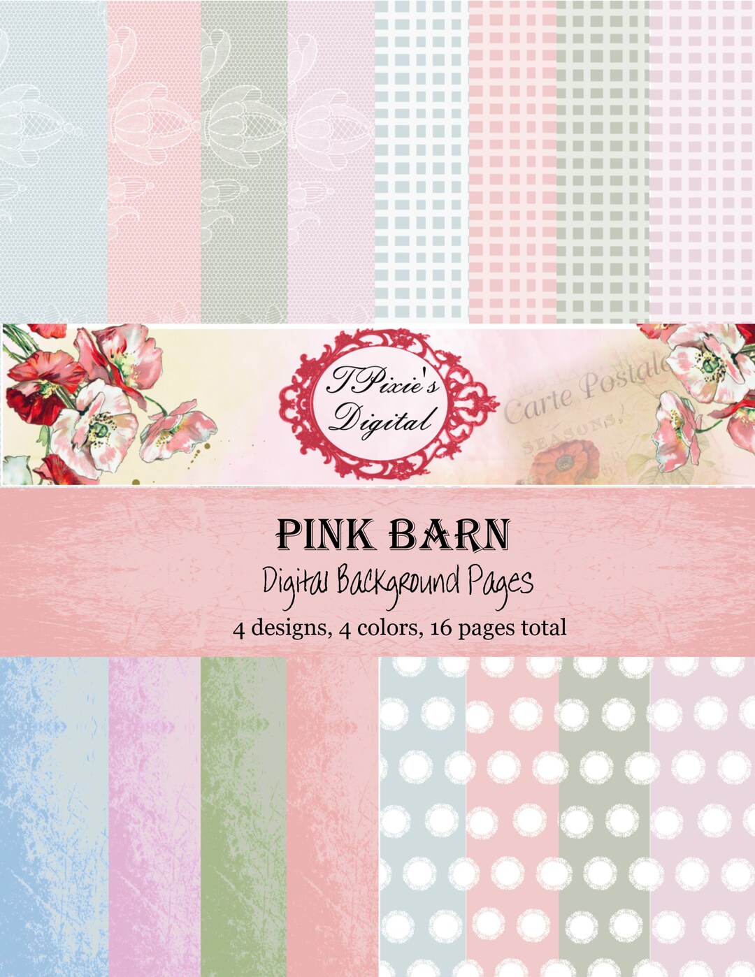 Pink Barn Digital Papers Set , 16 Coordinating Pages for Journaling or ...