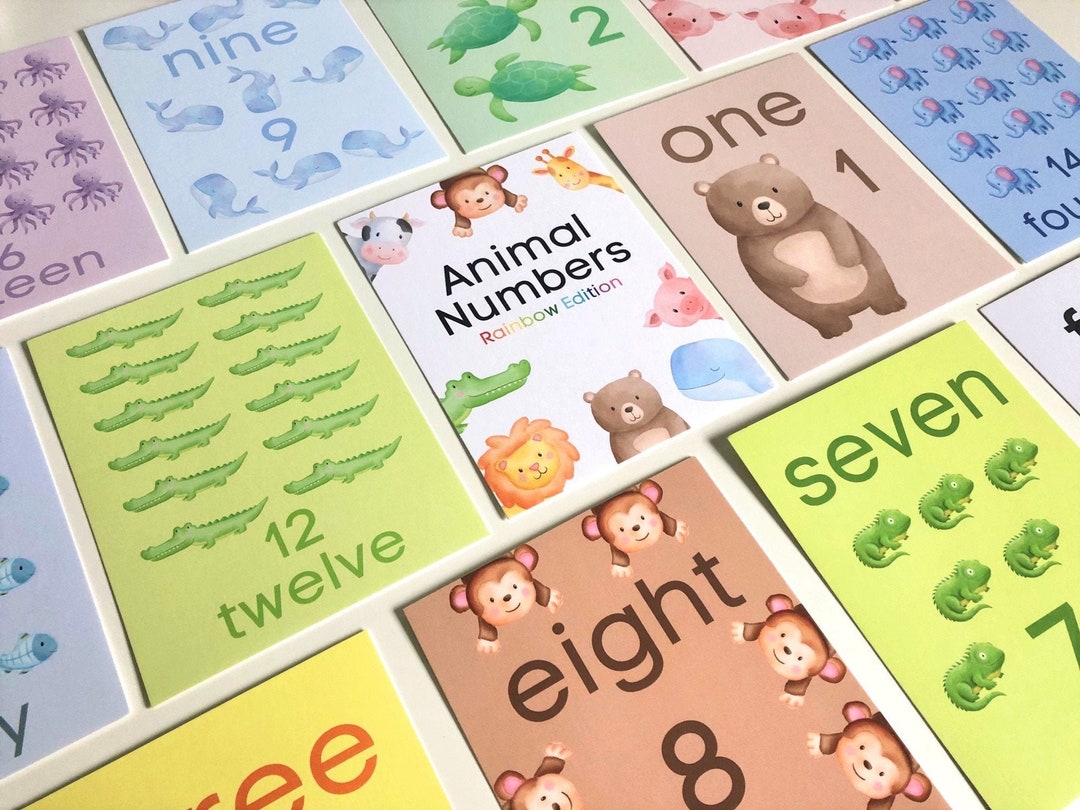 ANIMAL NUMBERS Baby Flash Cards | Rainbow Edition | 20 Colorful Flash ...