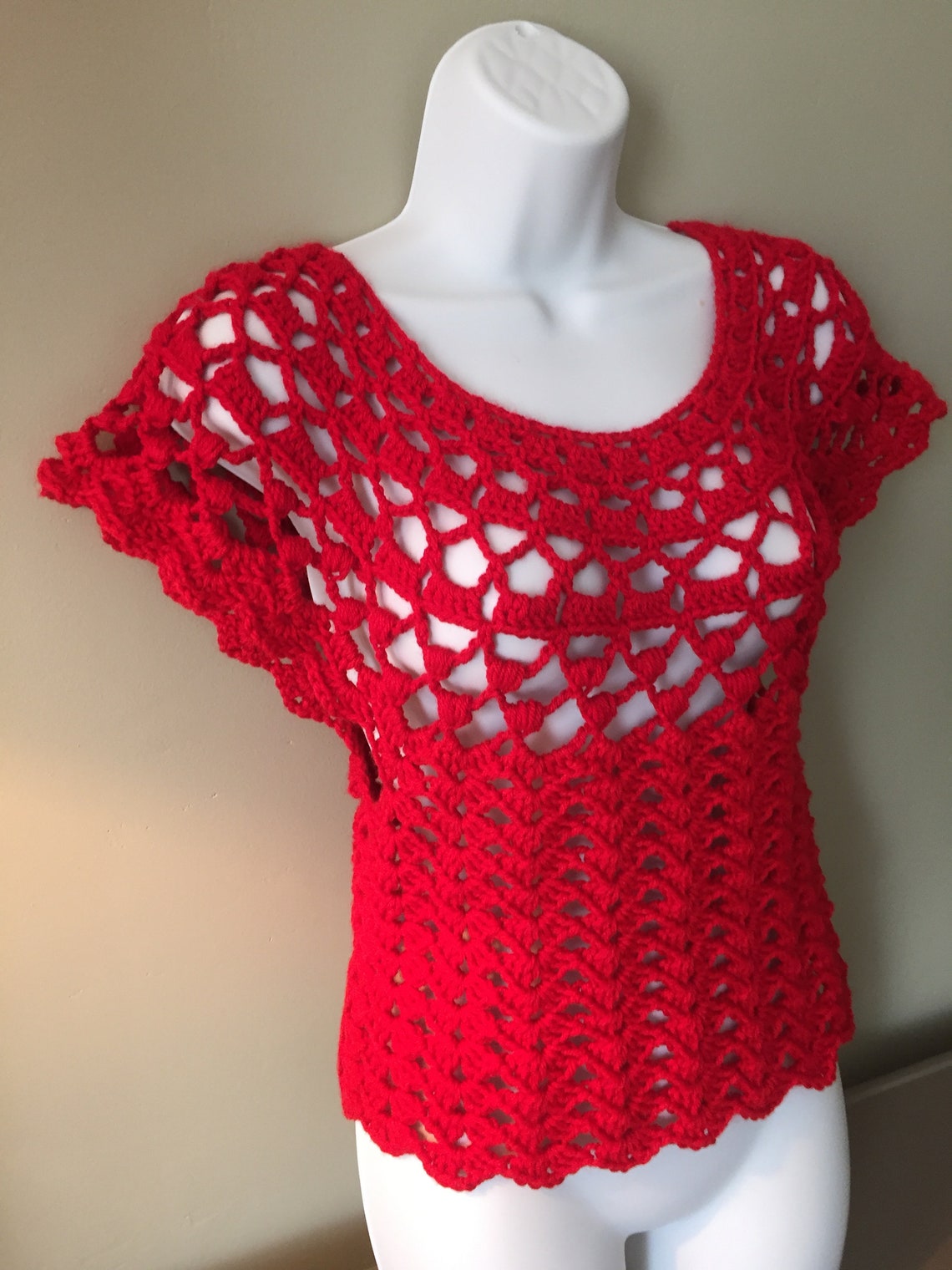 Crochet Red Lace Crop Top/ Summer Sleeveless Top With Decorative Yoke ...