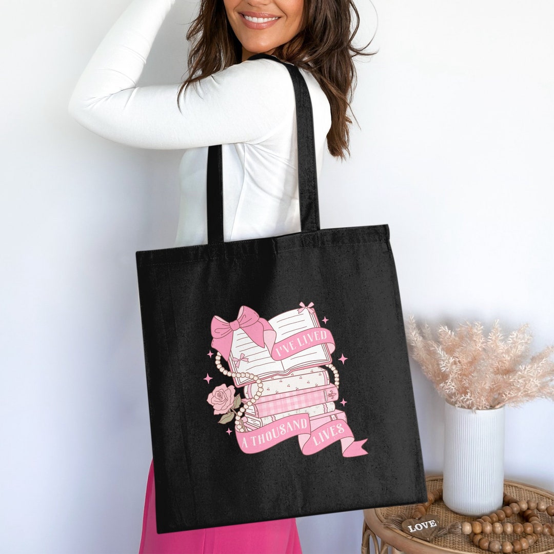 Elegant Tote Bag for Book Lovers, Pink and White Book Stack Design With ...