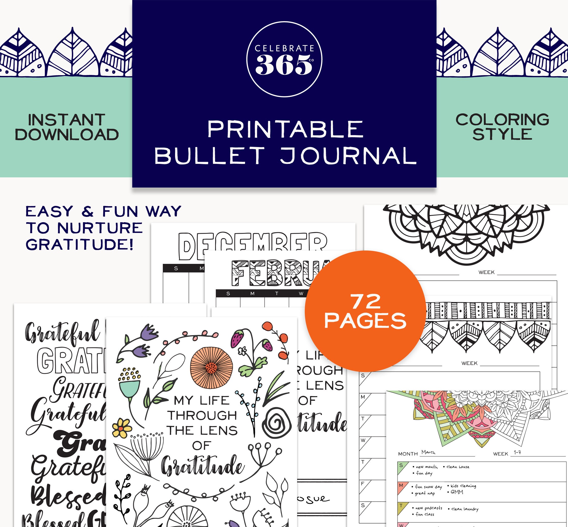 Bullet Gratitude Journal Printable Digital Download,mandala Coloring ...