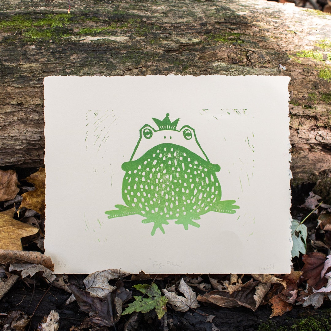 Frog Prince, Round Frog, Linocut Animal Prints, Original Artwork ...