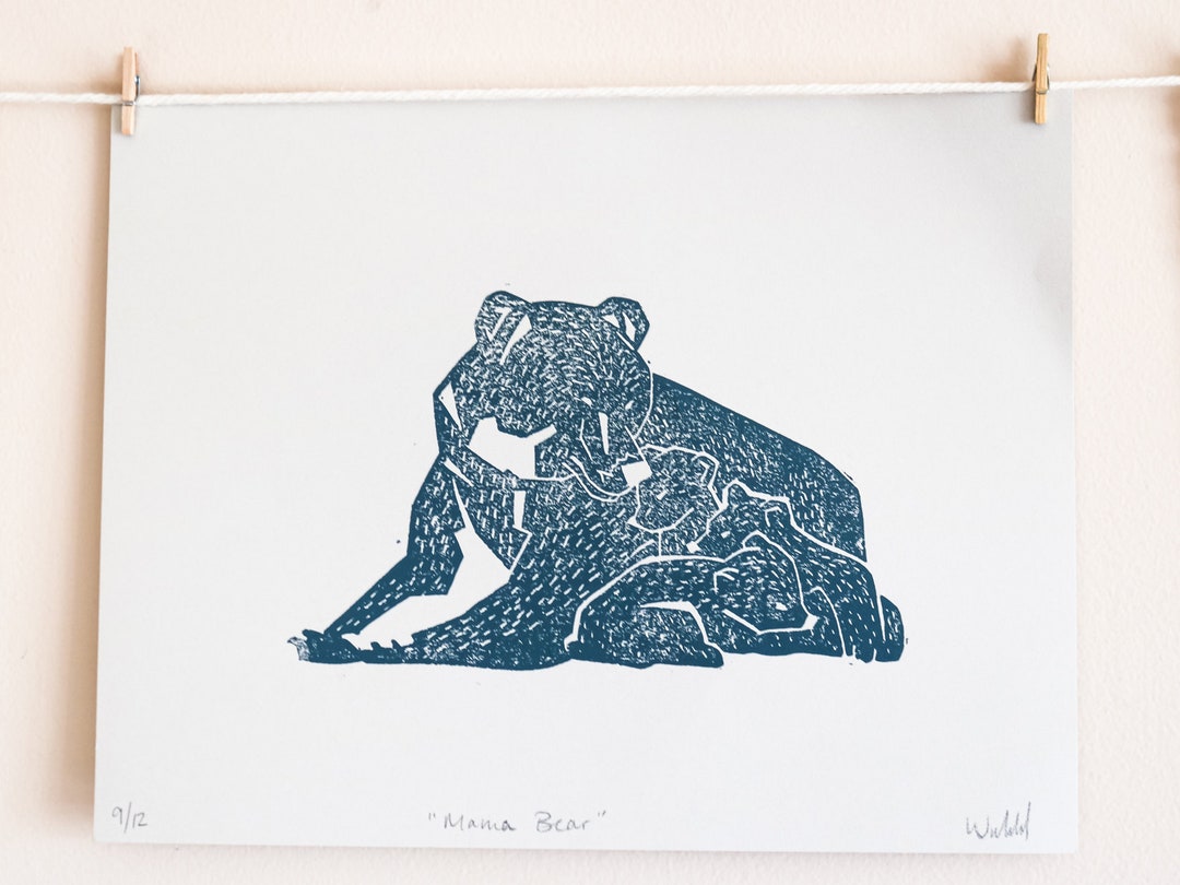 Mama Bear, Bear and Cubs, Linocut Animal Prints, Original Artwork ...