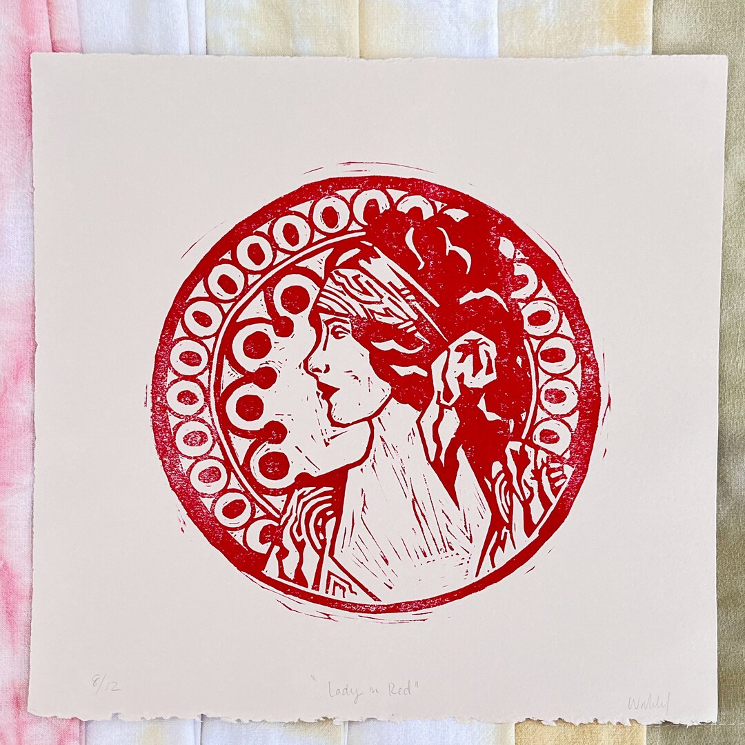 Lady in Red, Portrait of Woman, Linocut Portrait Prints, Original ...