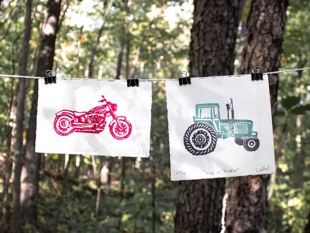 John Deere Tractor Linocut Prints, Harley Davidson Motorcycle Linocut ...