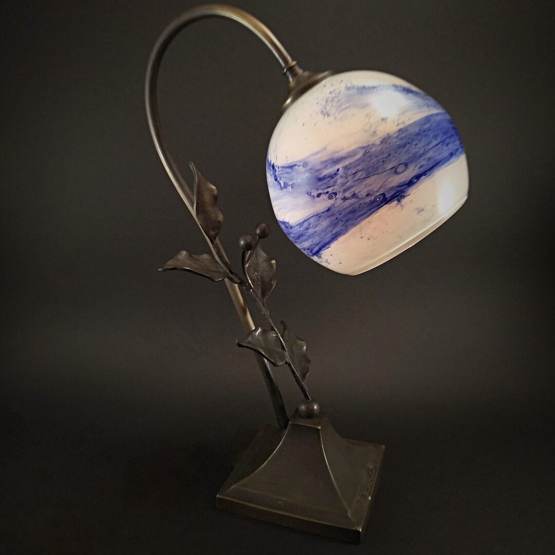 Handmade Blown Glass Table Lamp – Vintage Floral Iron Base, E14 Desk ...