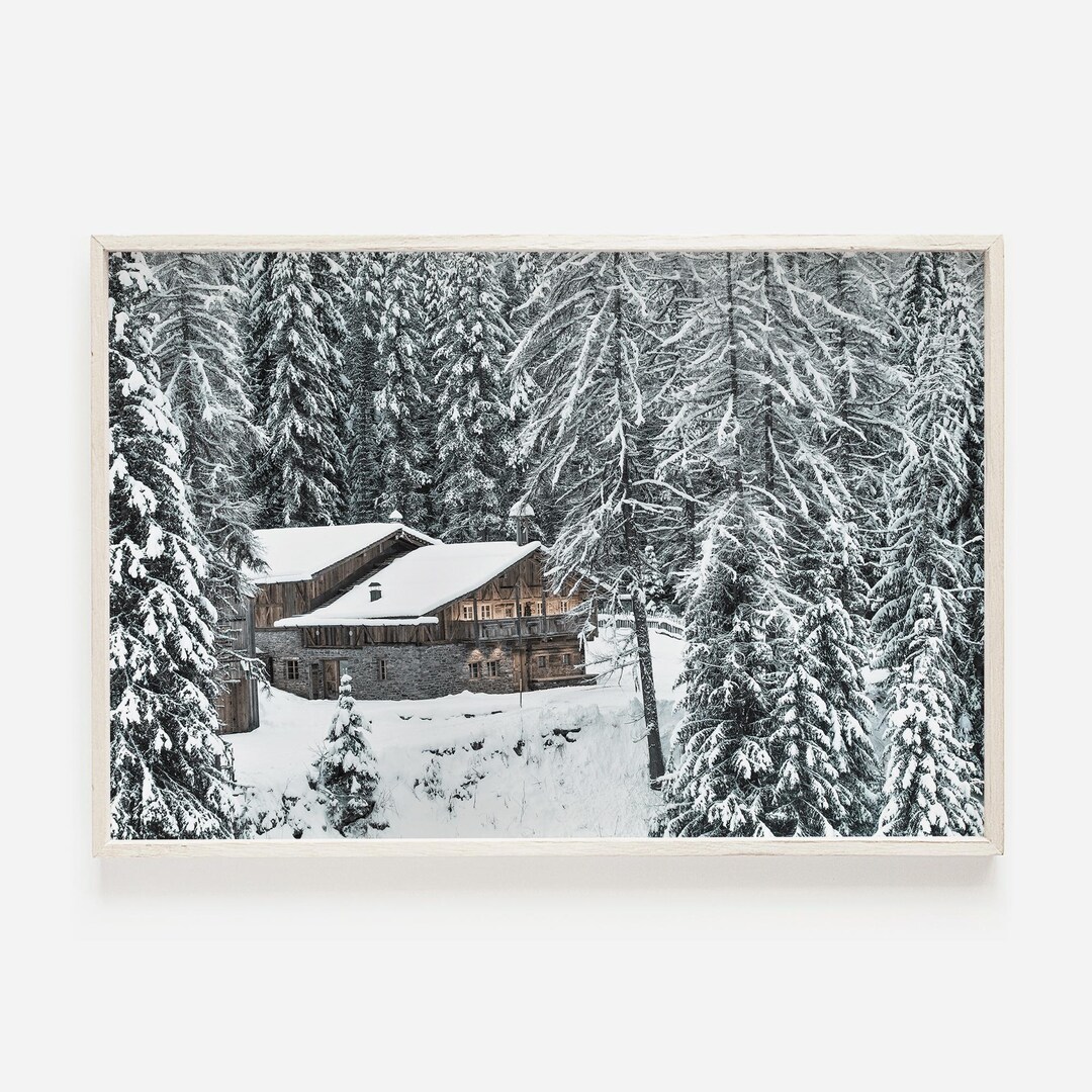 Warm Cozy Winter Cabin Print, Log Cabin in the Woods, Snowy Forest ...