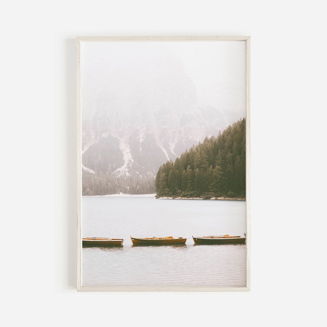 Canoes on Mountain Lake Print, Rustic Wall Art, Blue Lake Print, Nature ...