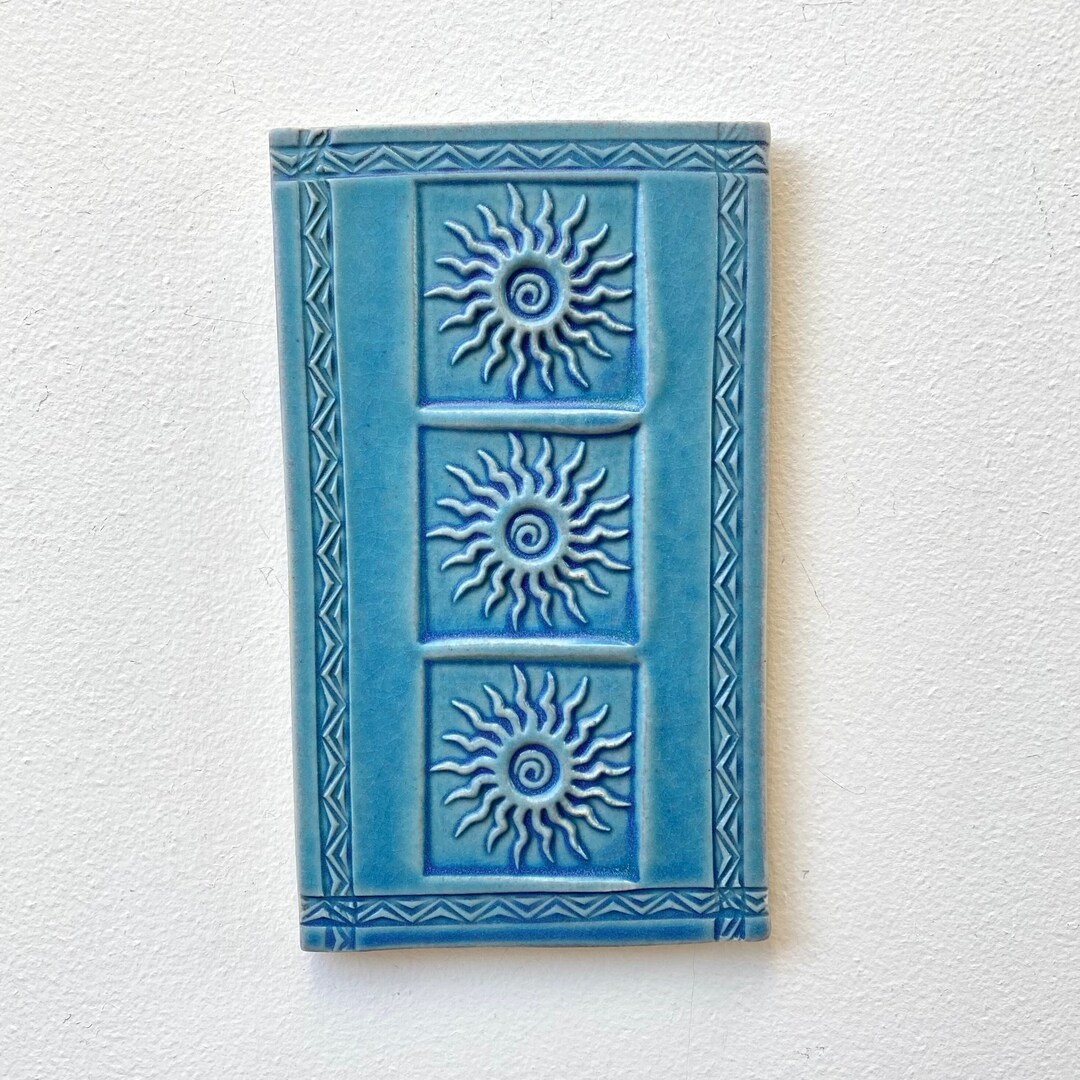 Triple Spiral Sun Ceramic Tile Wall Art, Southwest Design Art Tile, Zig ...