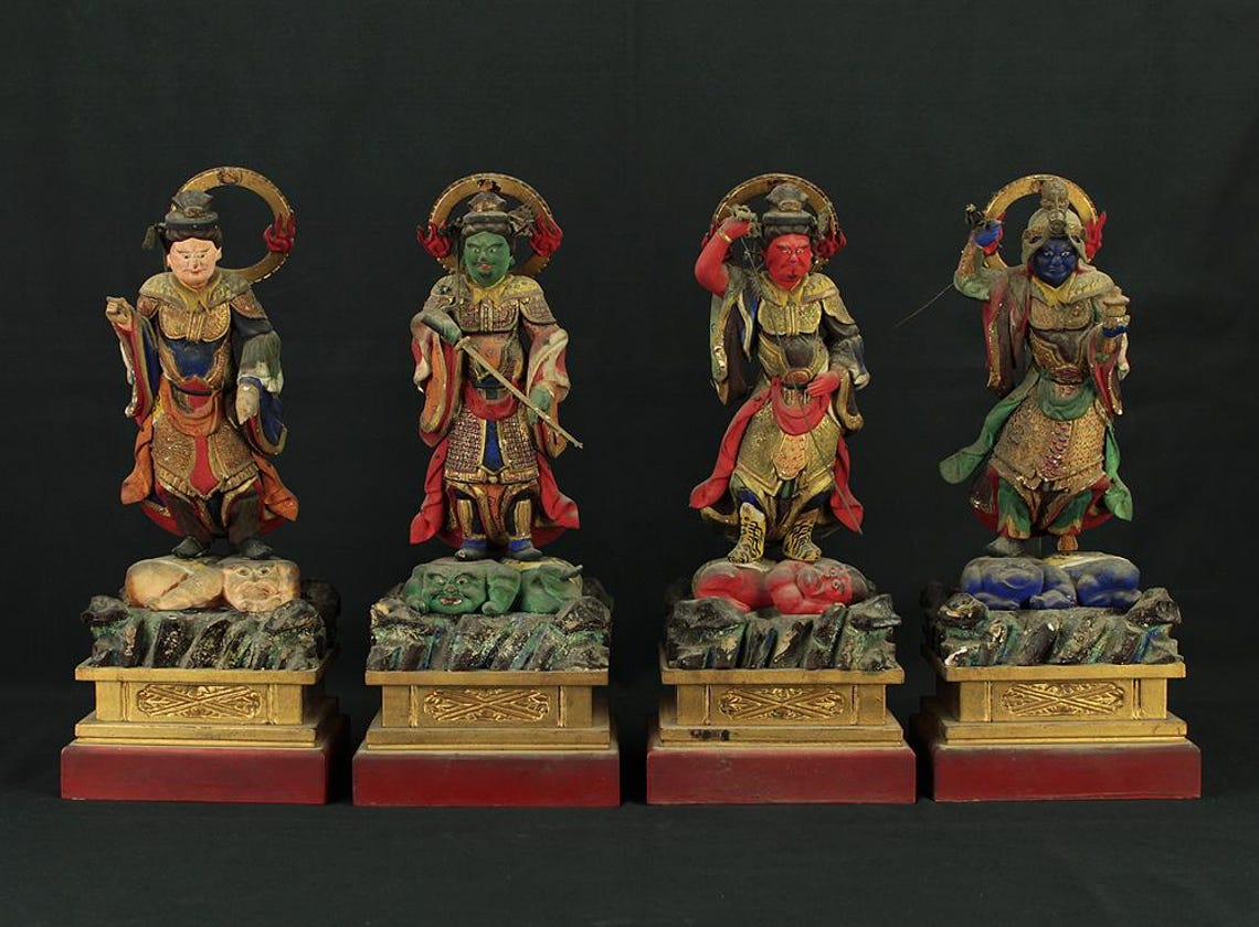 Shitenno 四天王 (four Heavenly Kings) 34.8cm Wood Carving Buddhism Statue ...