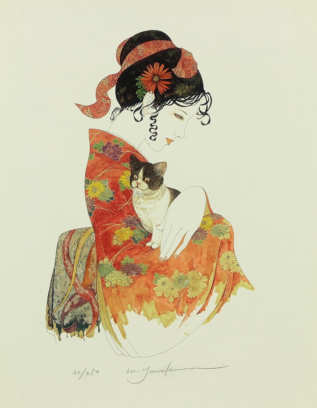 米倉斉加年 Yonekura Masakane Ca 1970-90 Japanese Lithograph 'koneko to Akaikimono No Musume'子猫と赤い着物の娘 ...