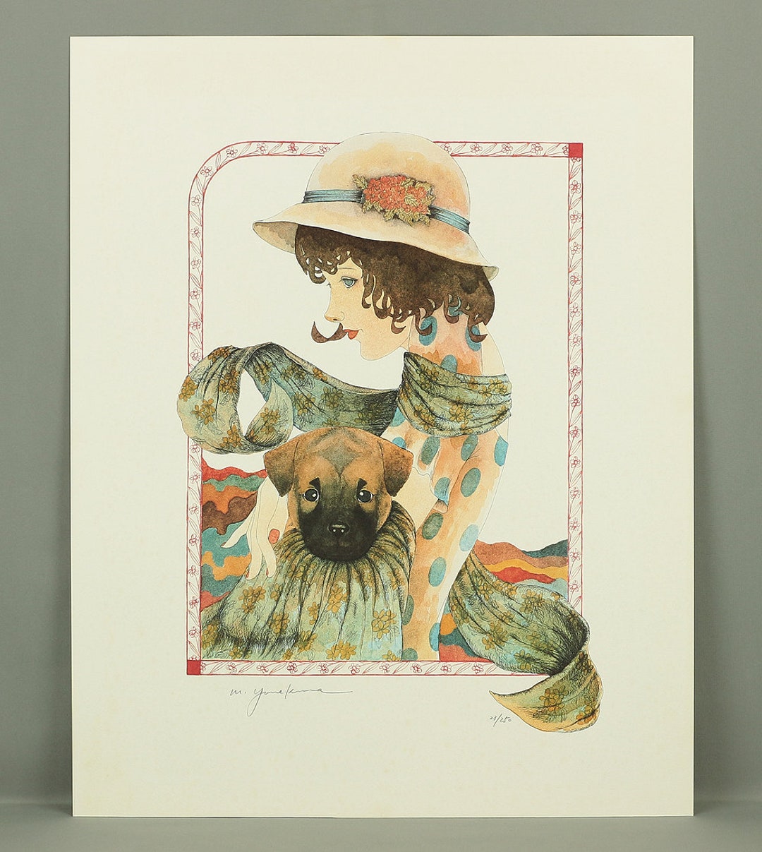 米倉斉加年 Yonekura Masakane Ca 1970-90 Japanese Lithograph 'musume to Koinu'「娘と子犬」(girl and Puppy ...