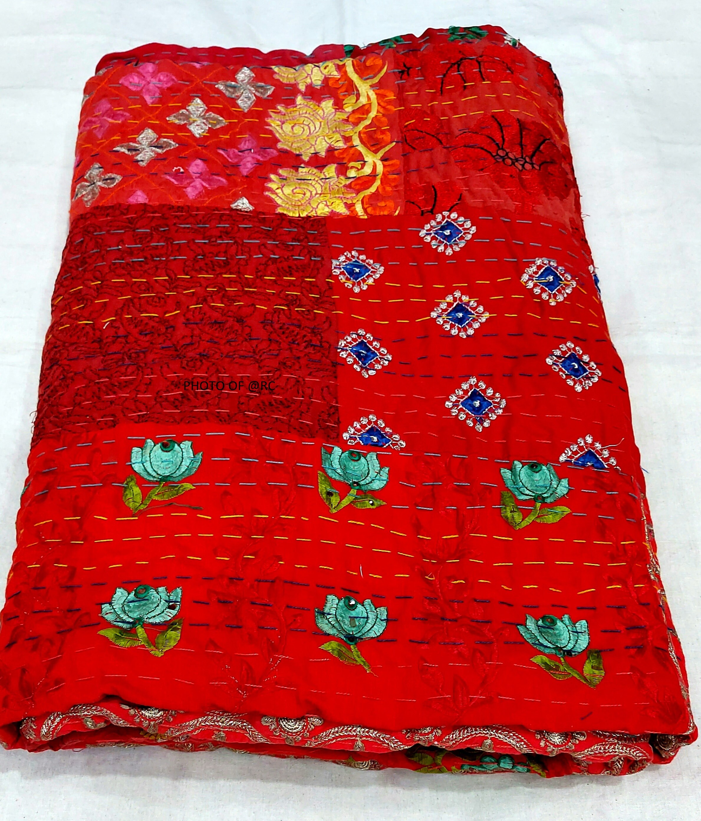 Indian Cotton Patchwork Embroidered Kantha Quilt | Etsy