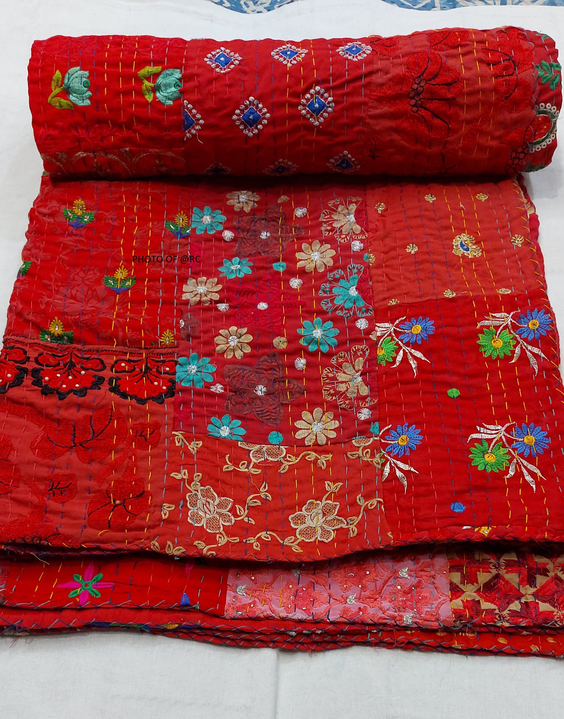 Indian Cotton Patchwork Embroidered Kantha Quilt | Etsy