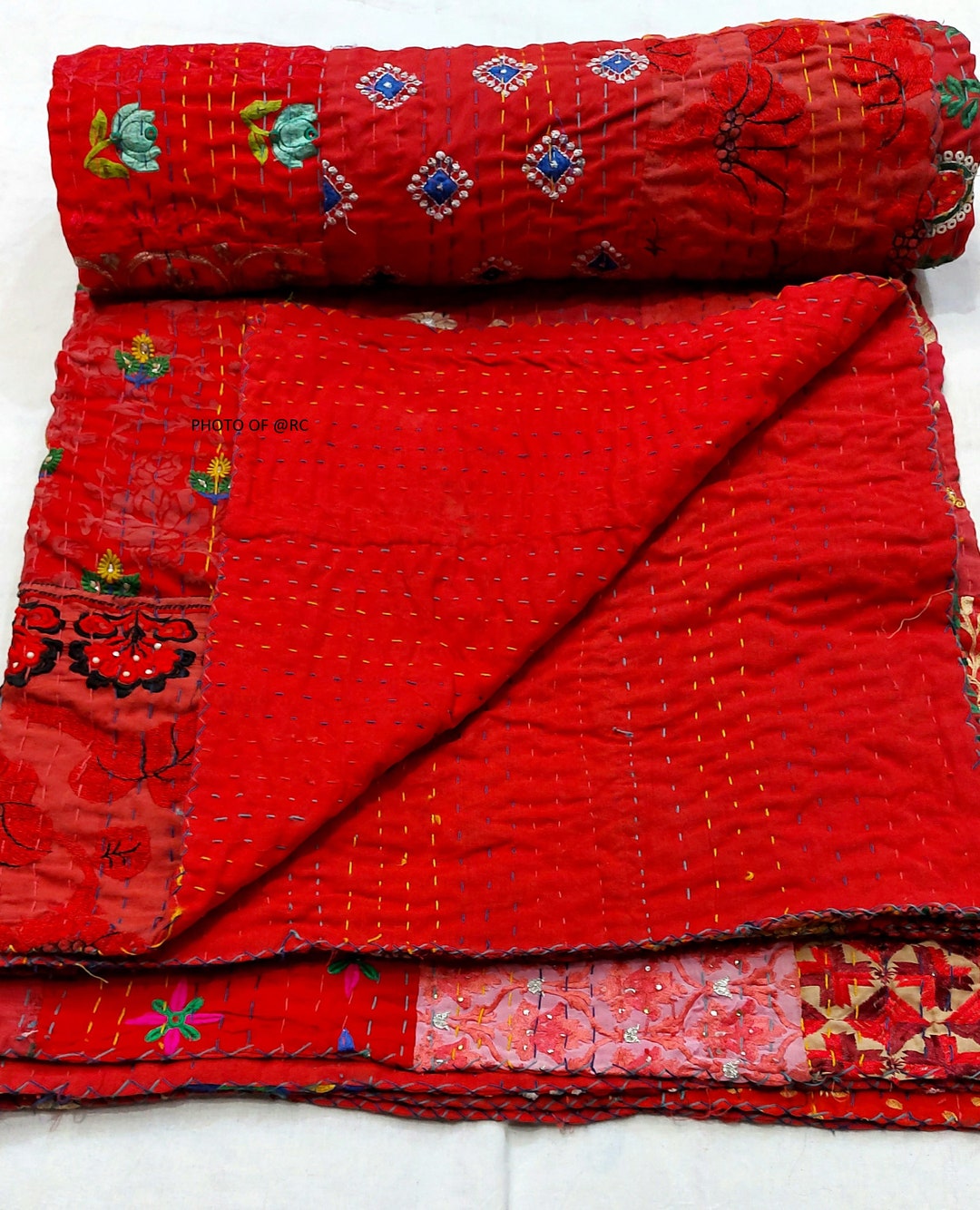 Indian Cotton Patchwork Embroidered Kantha Quilt - Etsy