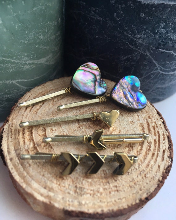 Heart and Arrow Mini Bobby-pin Set. Abalone Shell Hearts and - Etsy