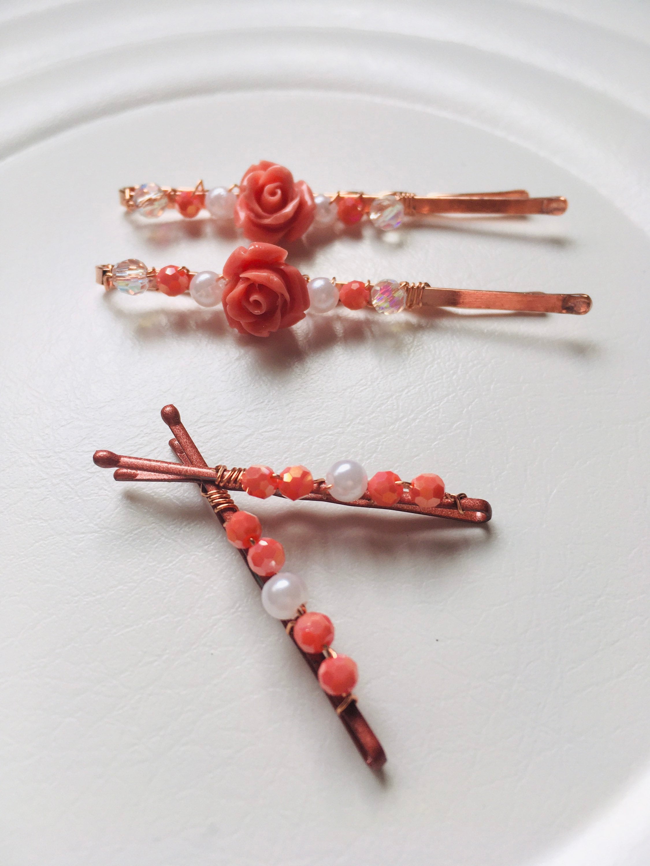 Coral Rose and Crystal Bobby Pins | Etsy