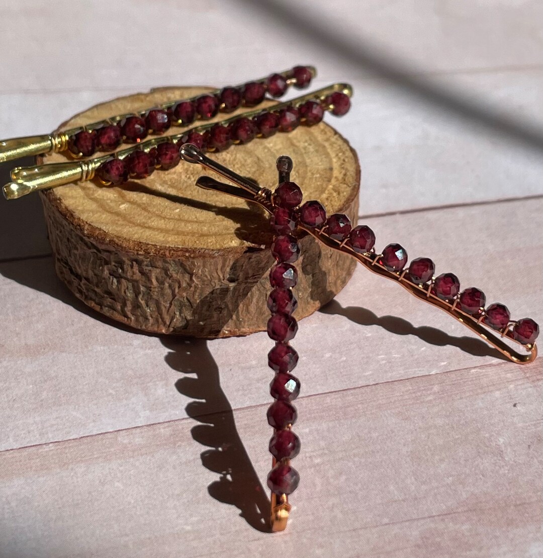 Garnet Bead Bobby Pins. Natural Dark Burgundy Red Garnet Beads on Hair ...