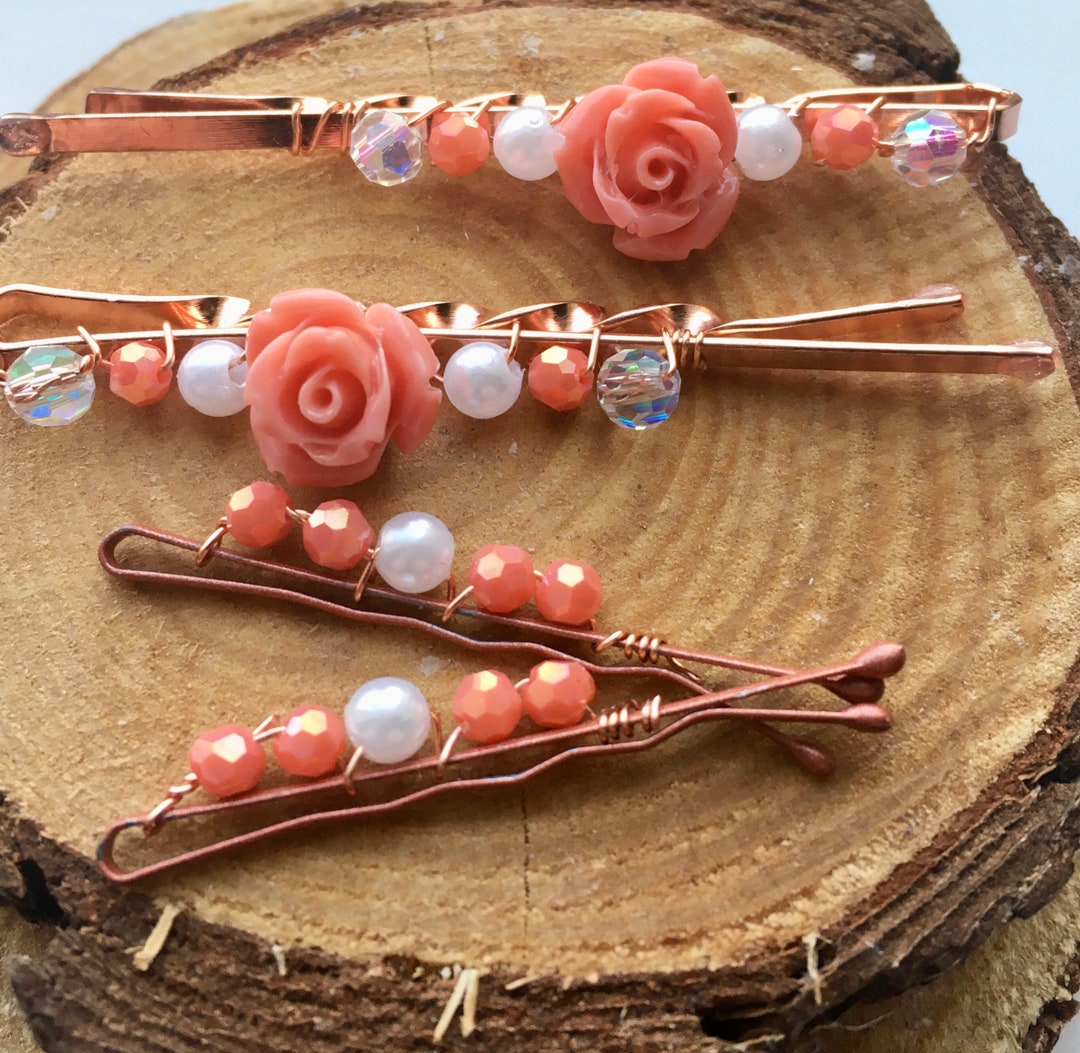 Coral Rose and Crystal Bobby Pins - Etsy