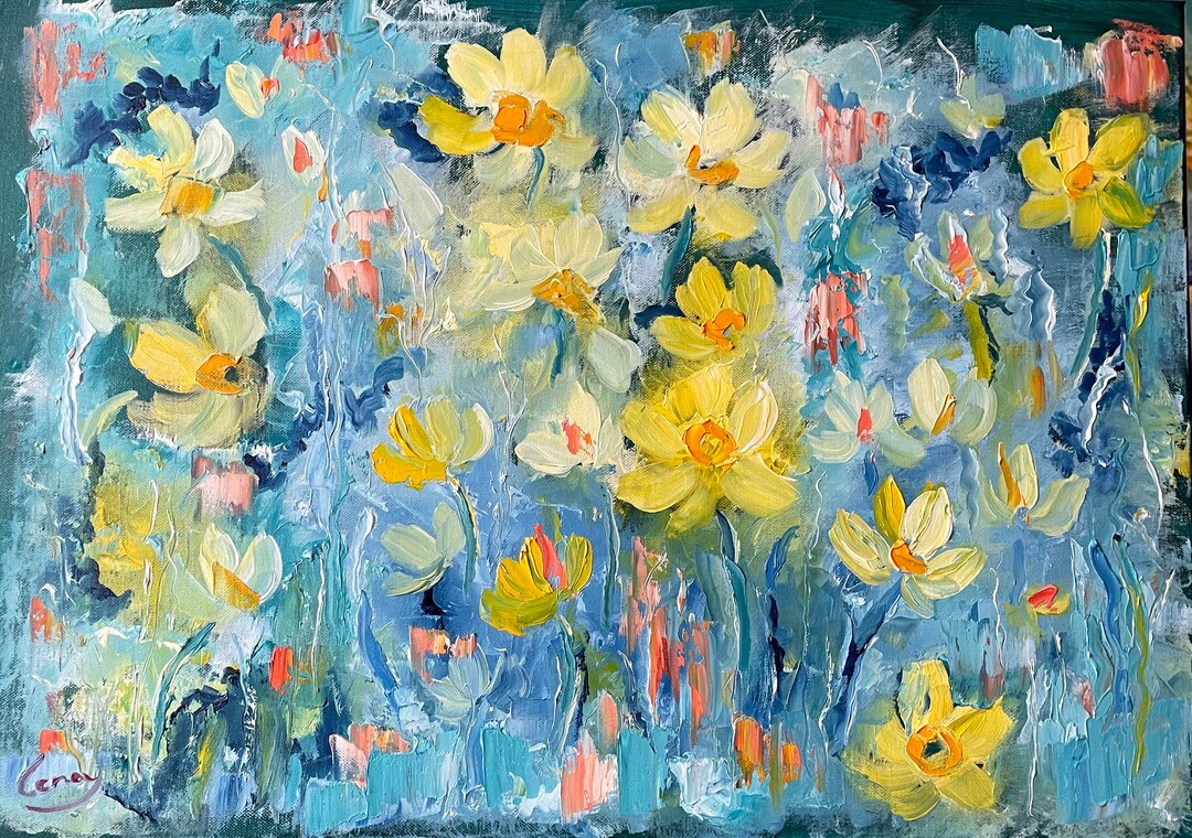 Oil Painting Flowers Daffodils Abstract Impressionism, Contemporary Oil ...