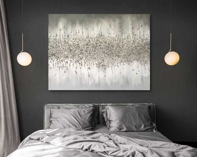 Large Grey Sliver White Abstract, Silver Grey Glitter Wall Art, Acrylic ...