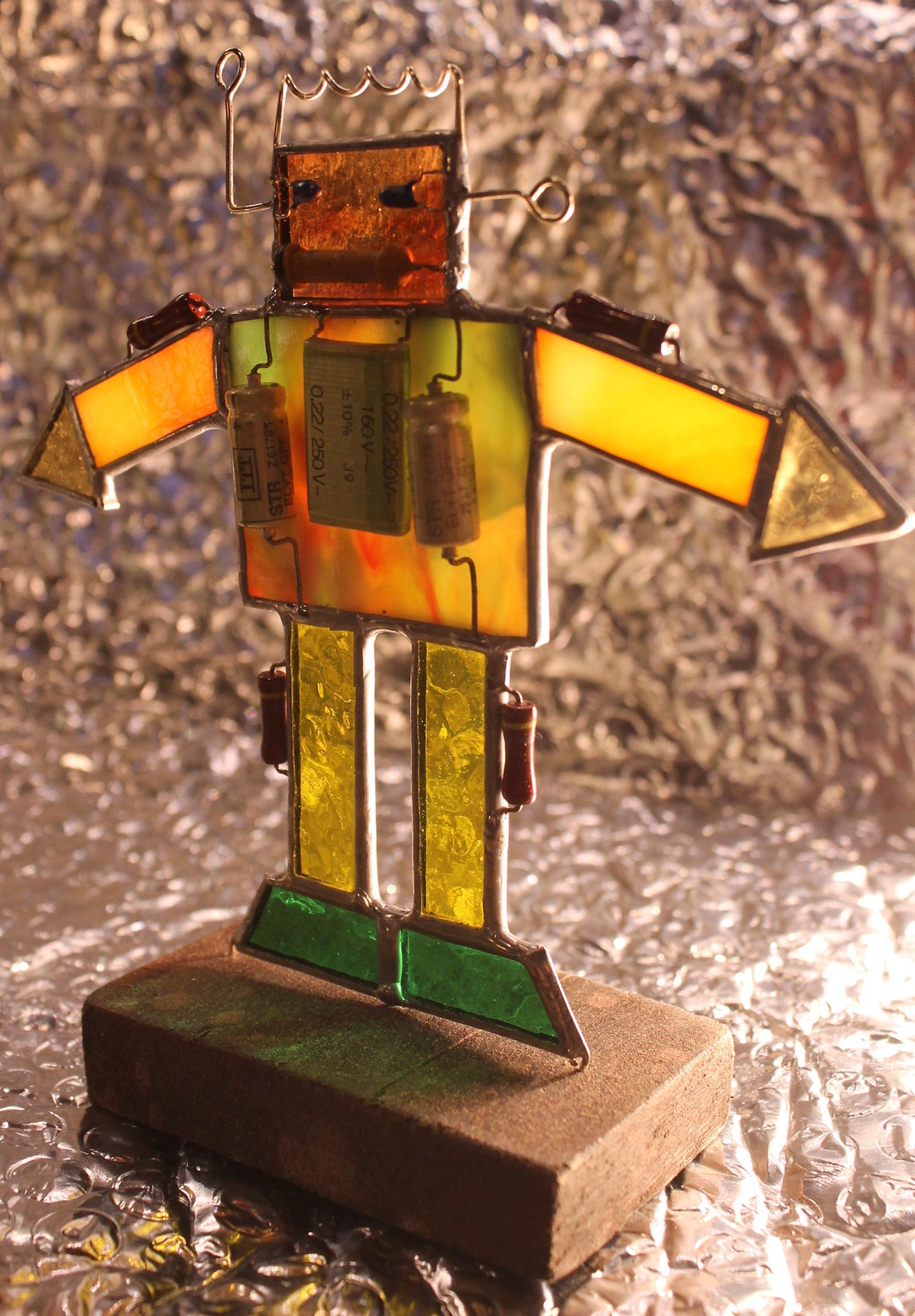 Retro Stained Glass Robot Art Sculpture Recycled Wireless Components ...