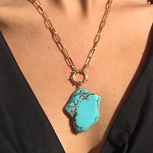 Turquoise Slab Pendant Necklace, Gold Carabiner Necklace, Boho ...