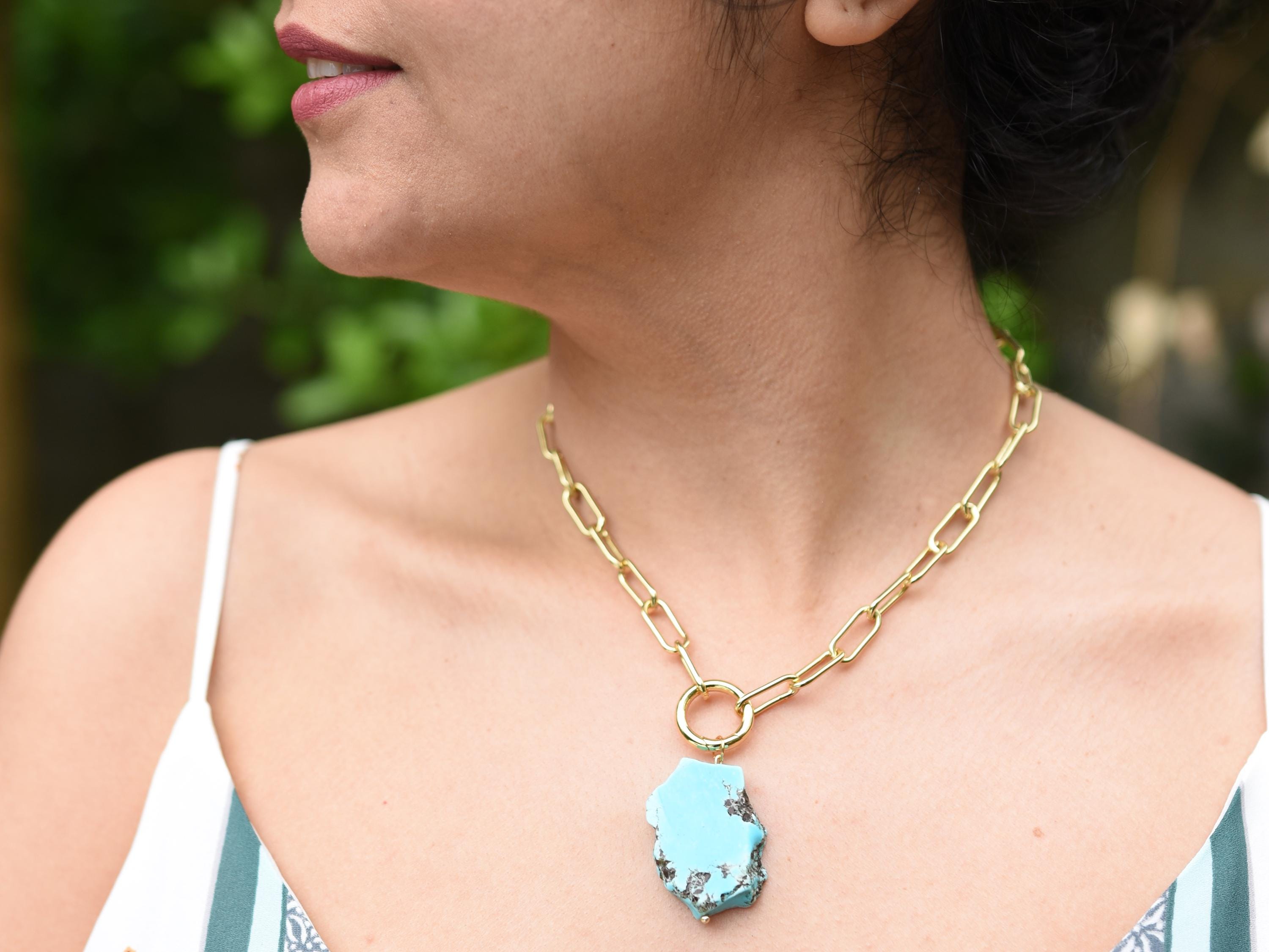 Turquoise Slab Pendant Necklace, Gold Carabiner Charm Holder, Statement ...