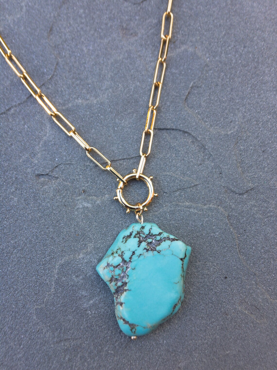 Turquoise Slab Pendant Necklace Gold Carabiner Necklace Boho - Etsy