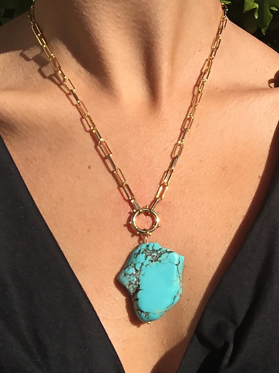 Turquoise Slab Pendant Necklace, Gold Carabiner Necklace, Boho ...