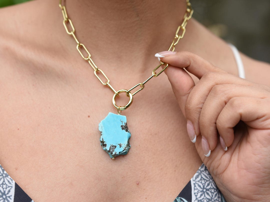 Turquoise Slab Pendant Necklace, Gold Carabiner Charm Holder, Statement ...