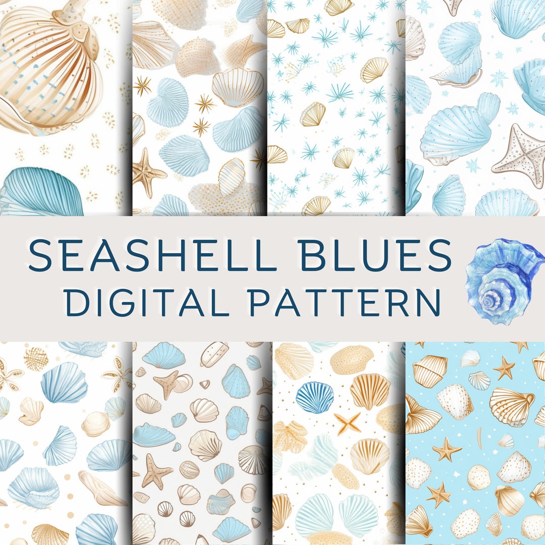 Blue Neutral Seashell Pattern - Digital Seamless Seashell Pattern ...