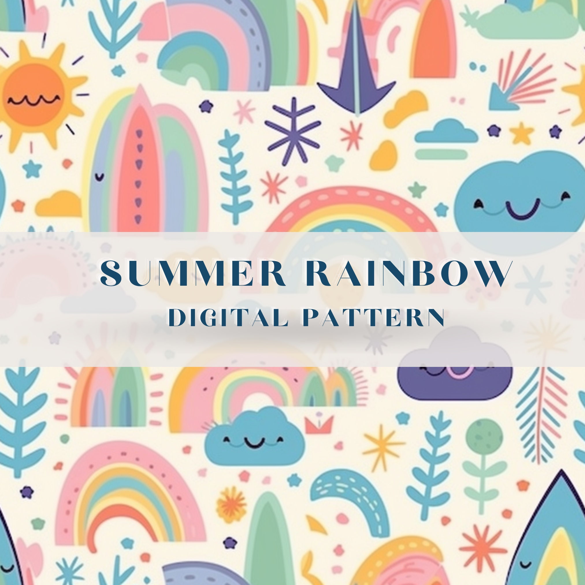 Pastel Summer Rainbow Digital Paper Seamless Pattern Cloud Face ...