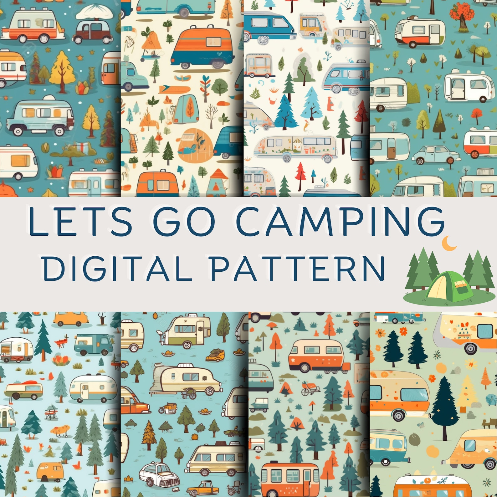 Lets Go Camping Digital Seamless Pattern Camping Fun Outdoors Digital ...