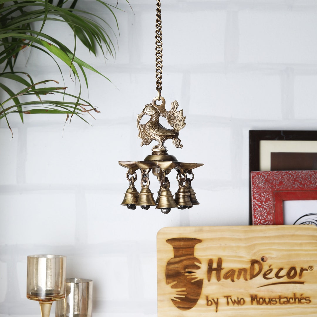 Peacock Design Brass Hanging Diya With Bells, Indian Handmade Diya ...
