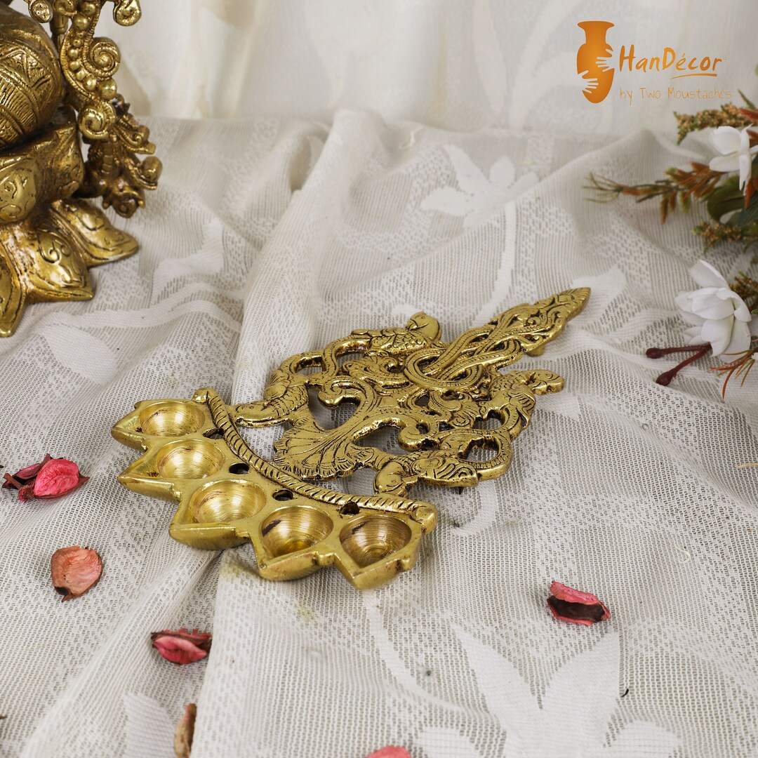 Twin Parrot Design 5 Oil Wick Brass Aarti Diya Spoon, Pooja Spoon for ...