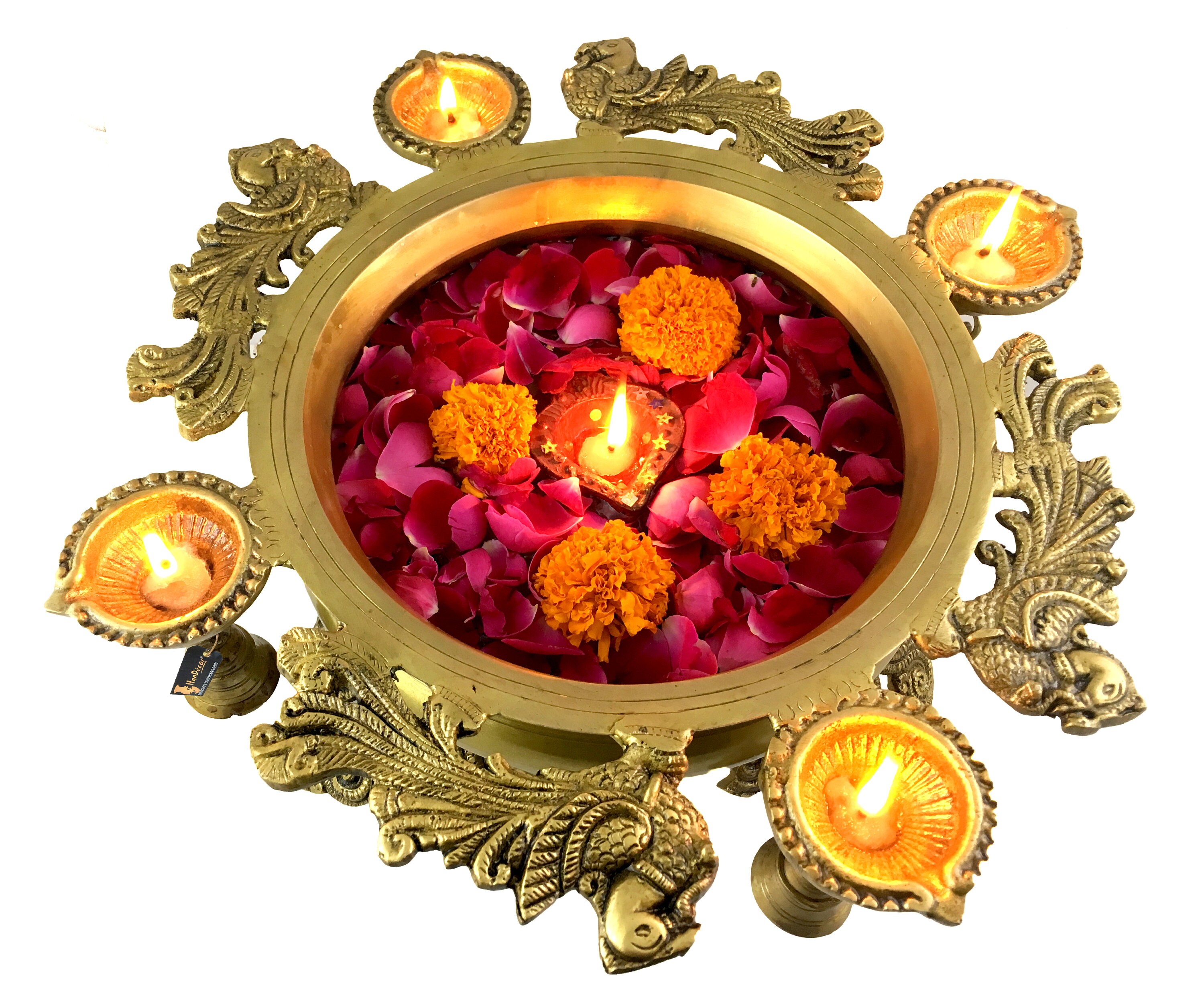 Peacock Design Brass Urli With Four Diyas Urli Decor Brass | Etsy