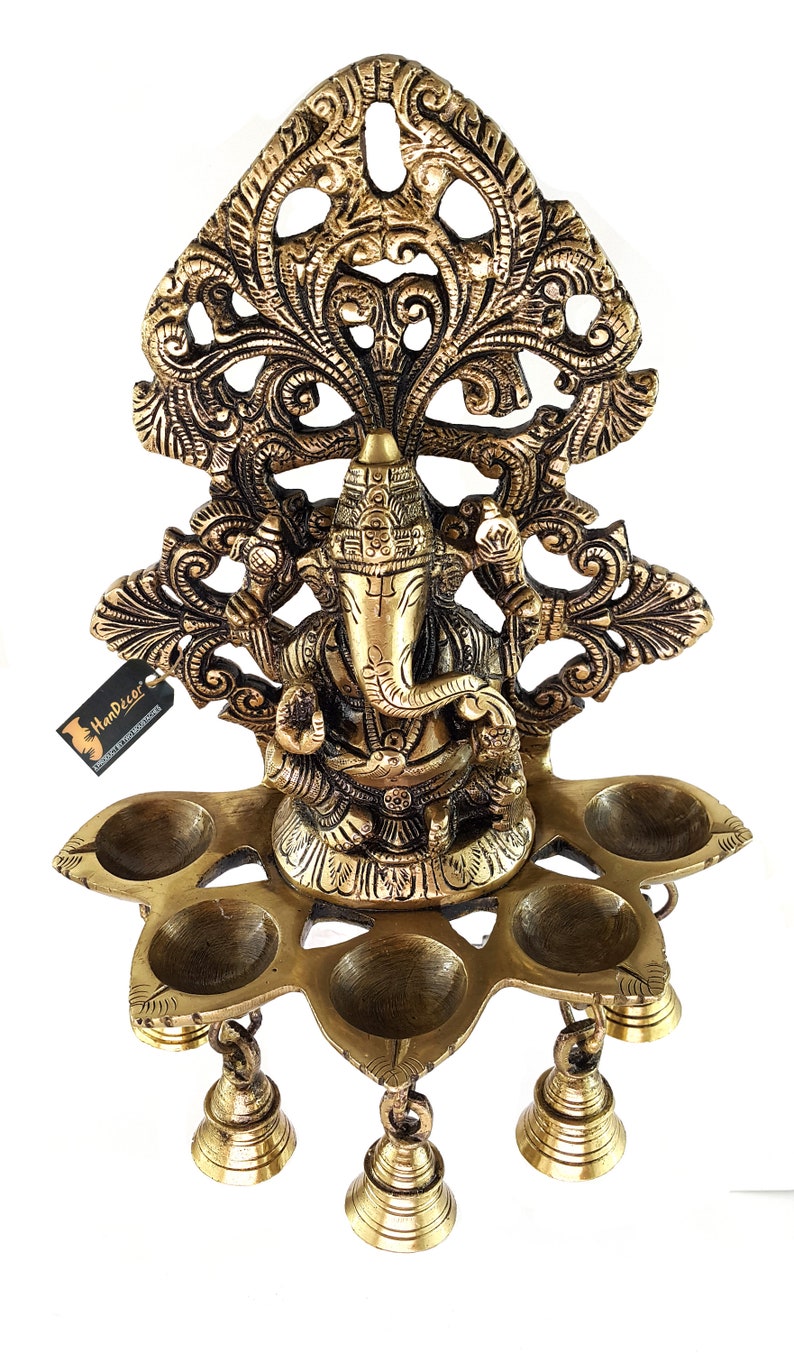 Panchdeep Ganesha Carving Hanging Brass Diya With Bells - Etsy UK