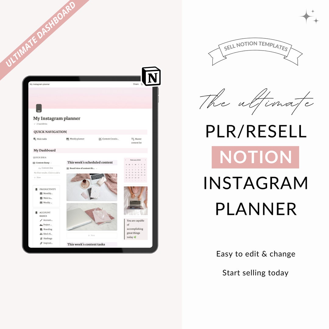Notion Instagram Planner, PLR Notion Template, PLR Notion Instagram Planner, Social Media ...