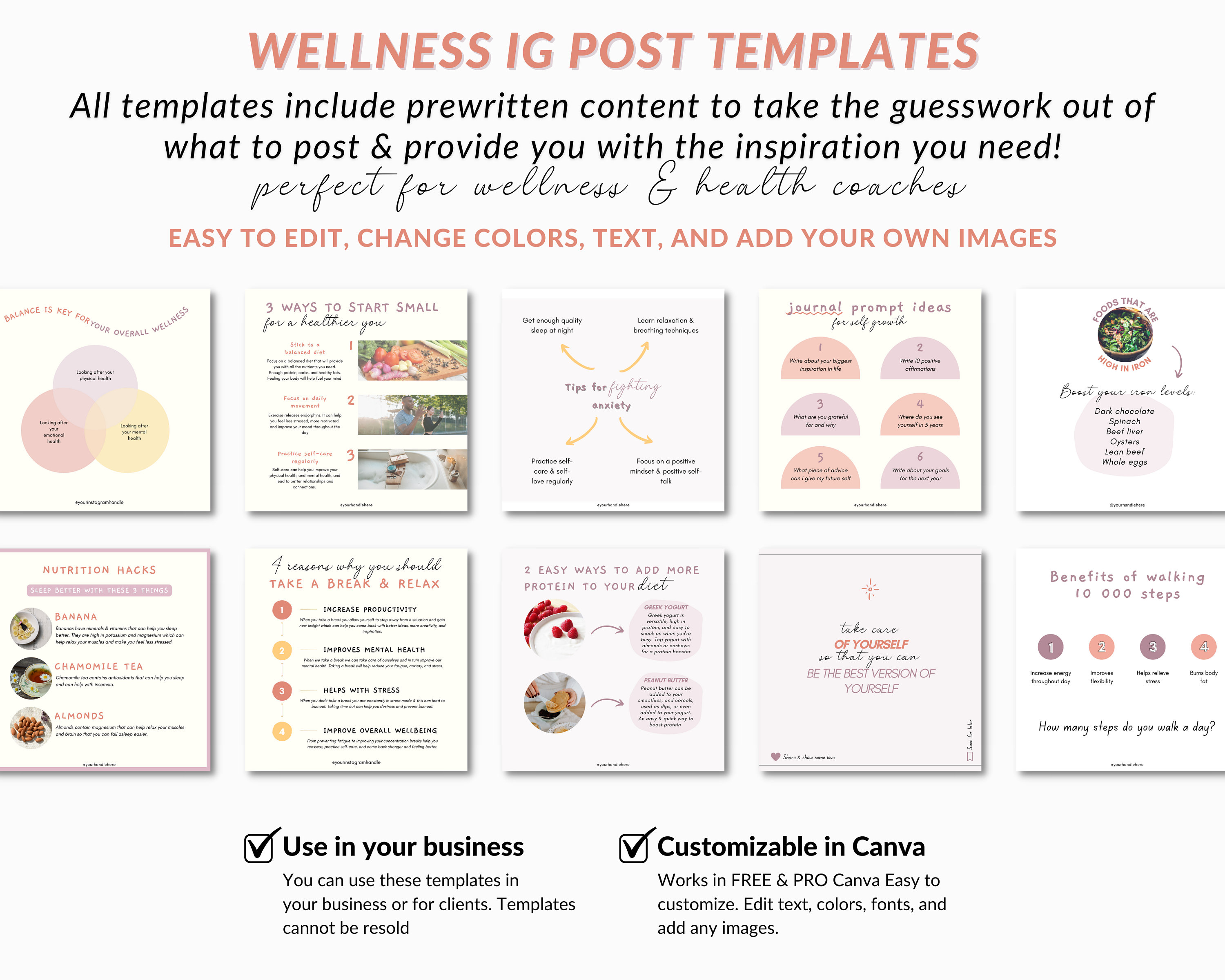 Wellness Coach Templates, Wellness Instagram Post Templates, Instagram ...