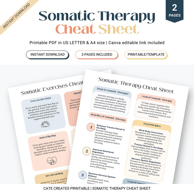 Somatic Therapy Cheat Sheet, Exercises, Nervous System Regulation (PDF ...