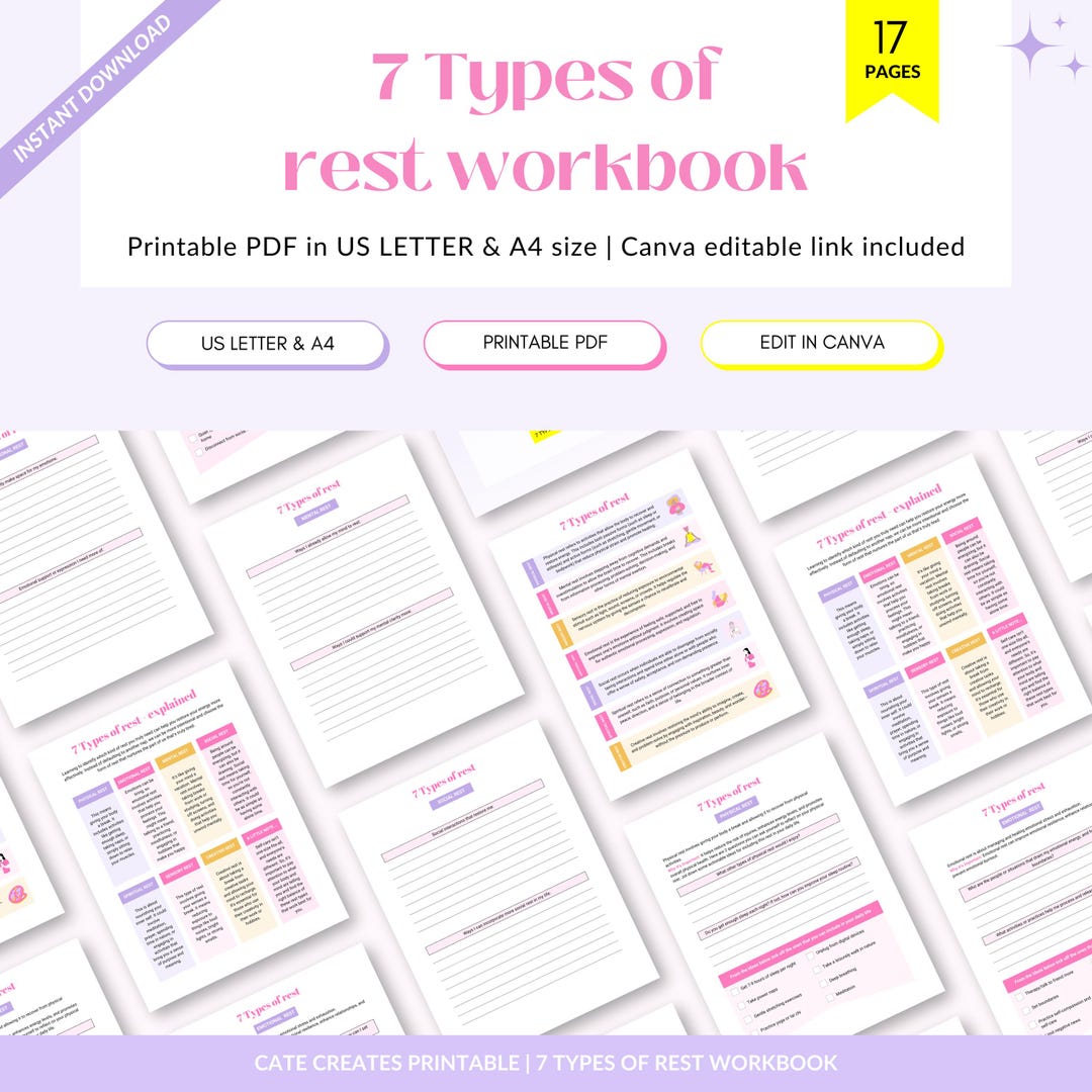 7 Types of Rest Workbook, Self-care Worksheet, Types of Rest, Therapy ...